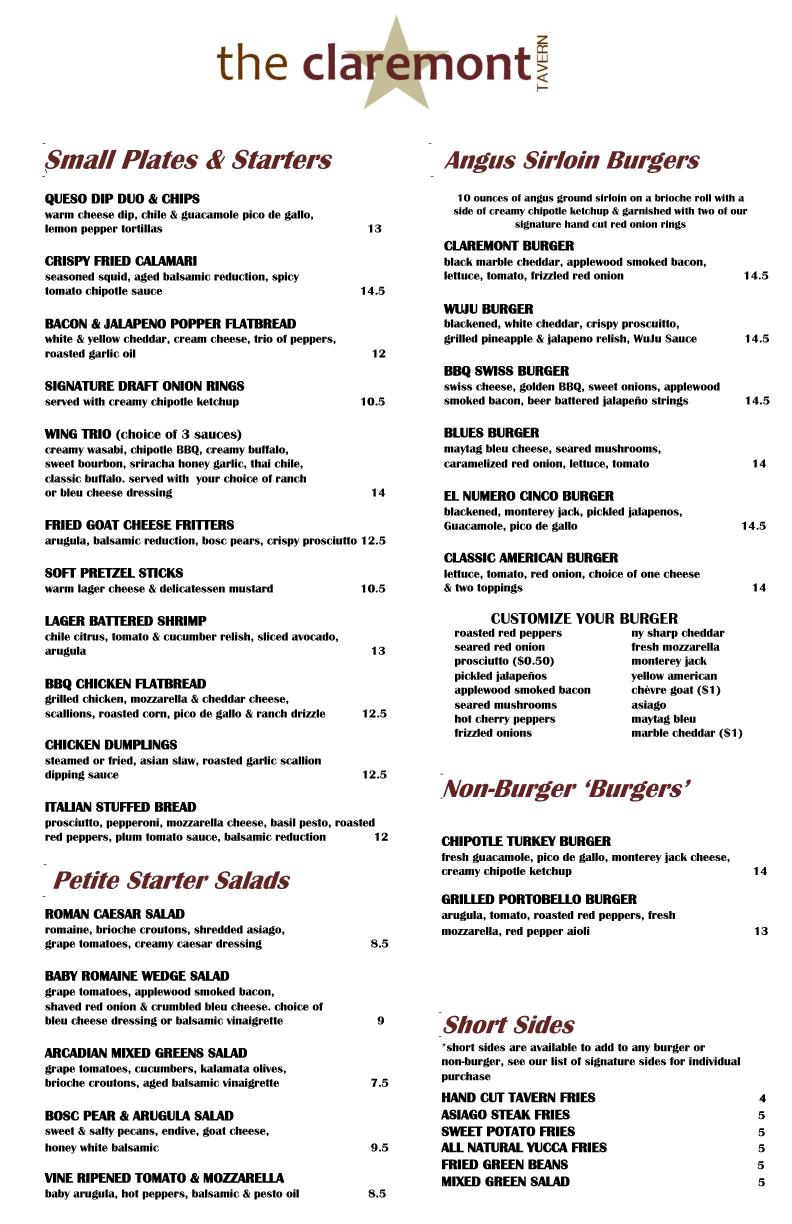Dinner Menu – The Claremont Tavern